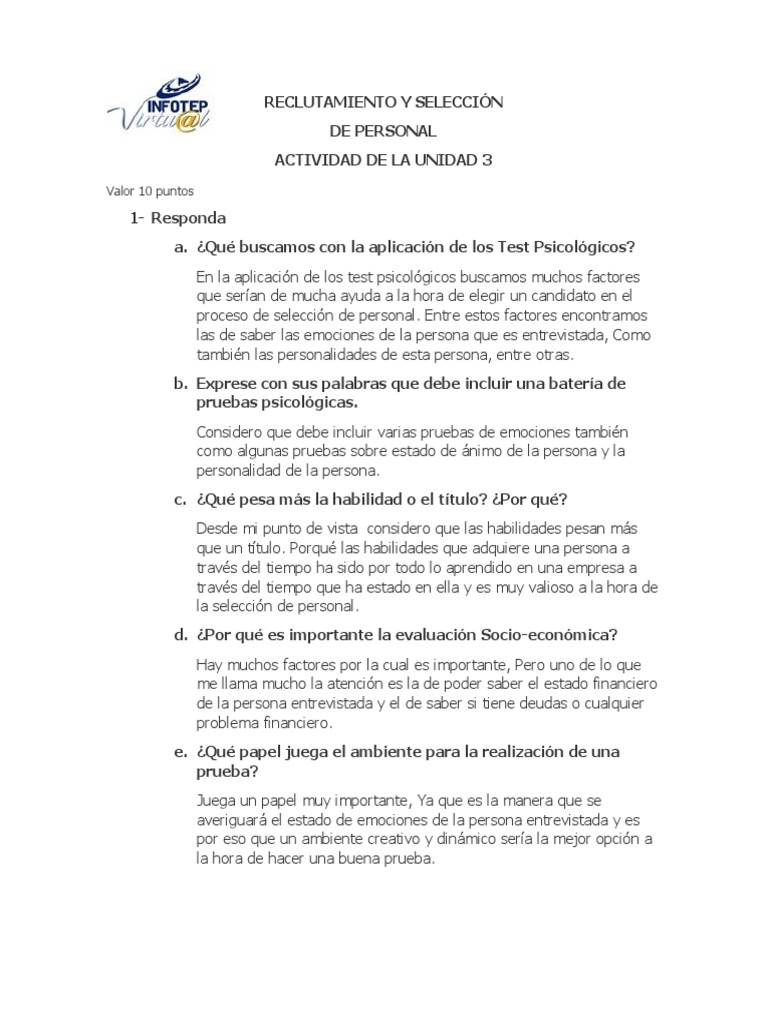 Yhoan Castillo. Rec y Selec Personal Actividad de La Unidad 3 | PDF | Gestión de recursos ...