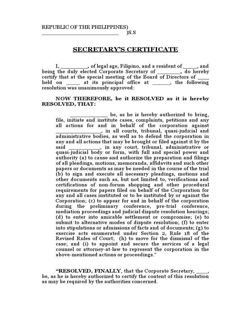 Sample Sec Cert | PDF | Affidavit | Pleading