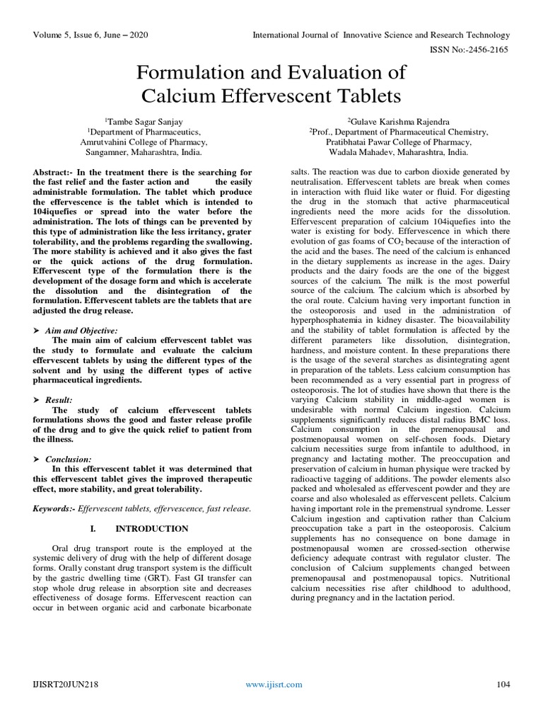 Formulation and Evaluation of Calcium Effervescent Tablets | PDF