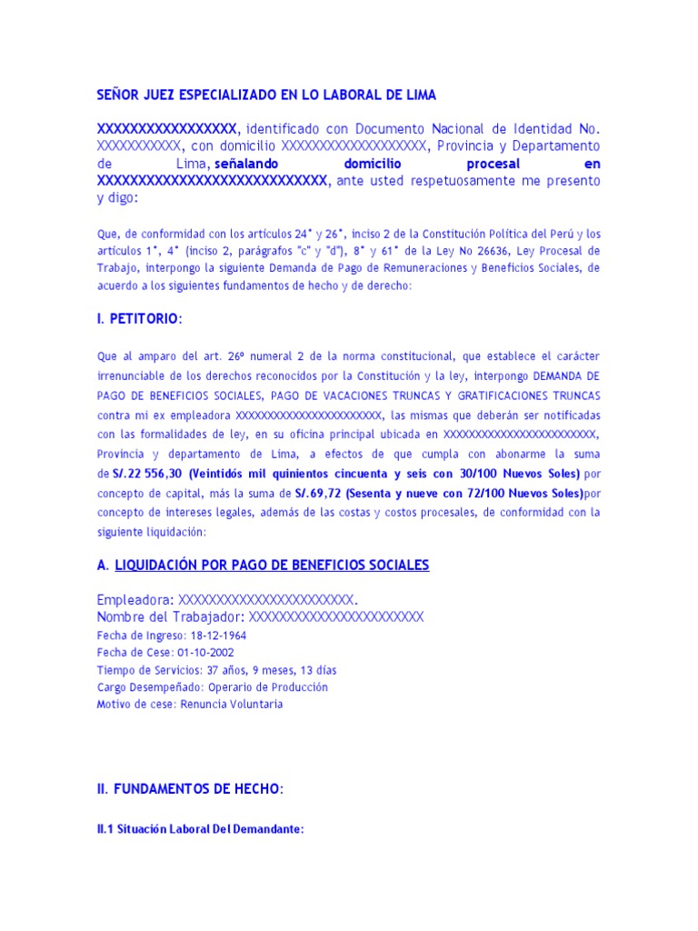 Demanda de Beneficios Sociales | PDF | Derecho laboral | Salario