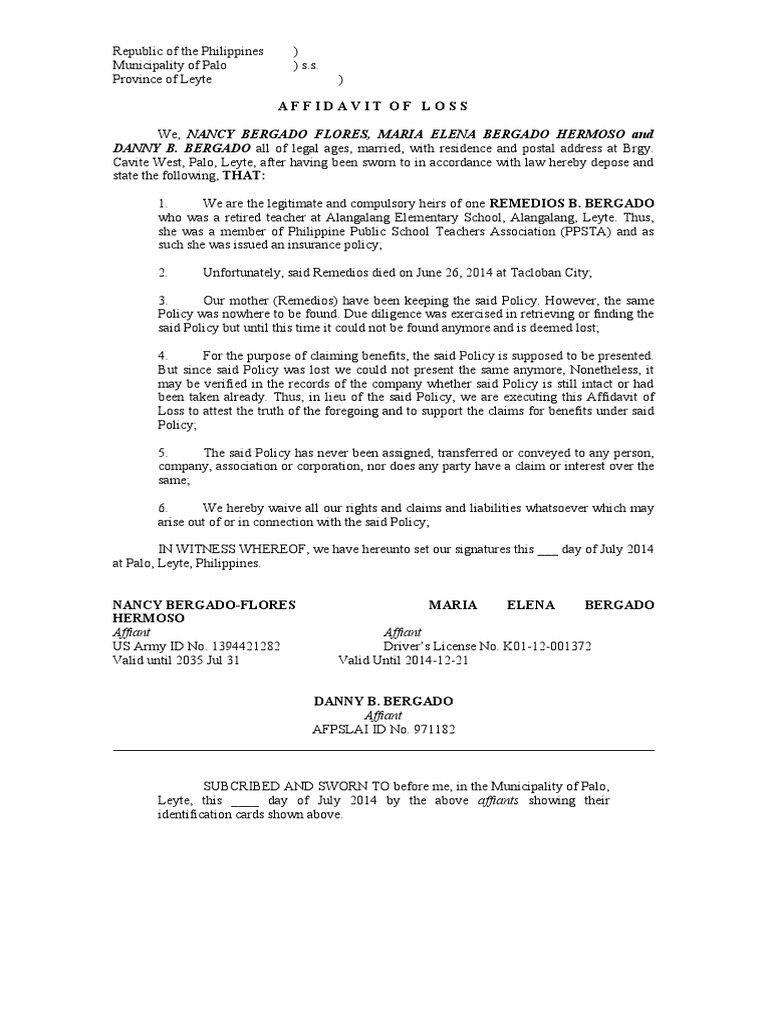 Affidavit of Loss (Policy) | PDF | Affidavit | Document