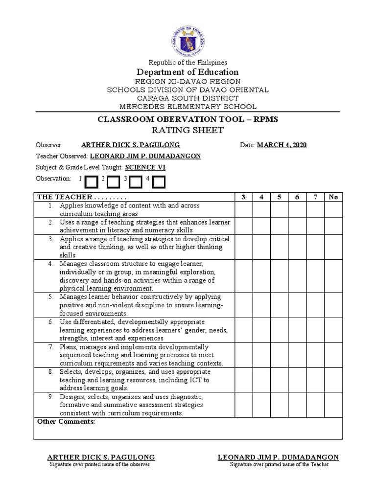 Department of Education: Classroom Obervation Tool - Rpms | PDF