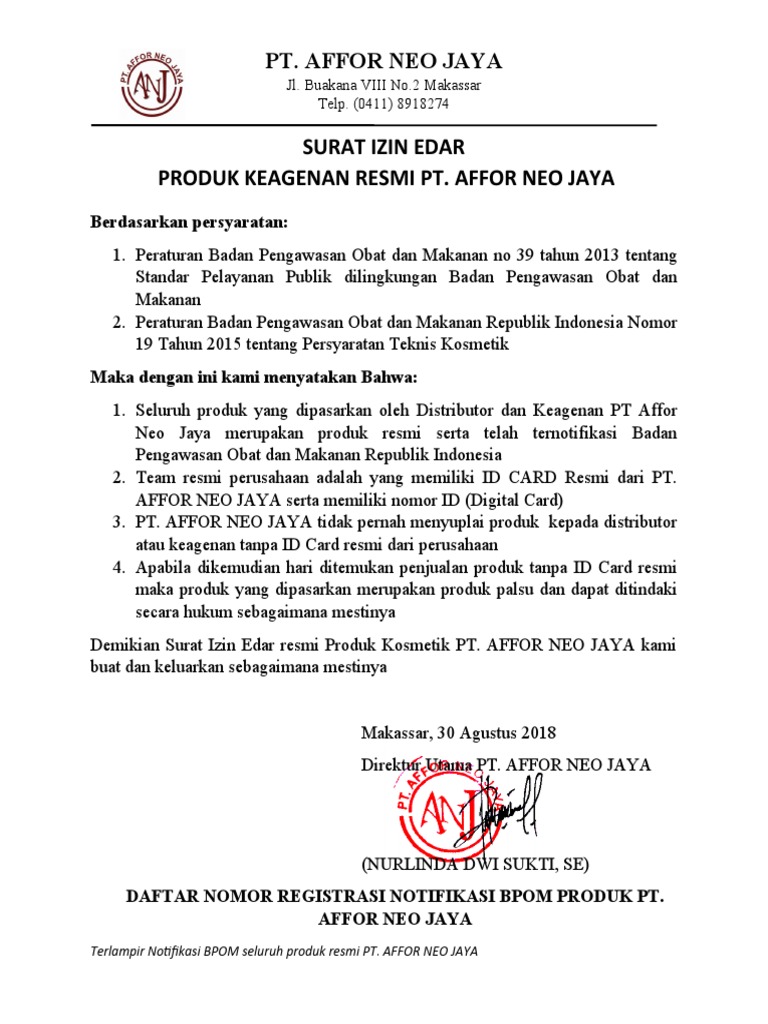 Surat Izin Edar Produk Keagenan Resmi PT | PDF