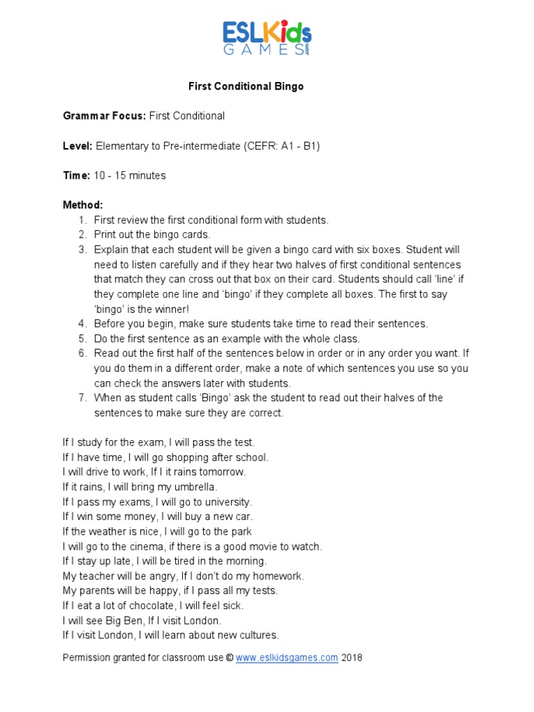 First Conditional Bingo Grammar Focus: Level: Time: Method:: Permission Granted For Classroom ...