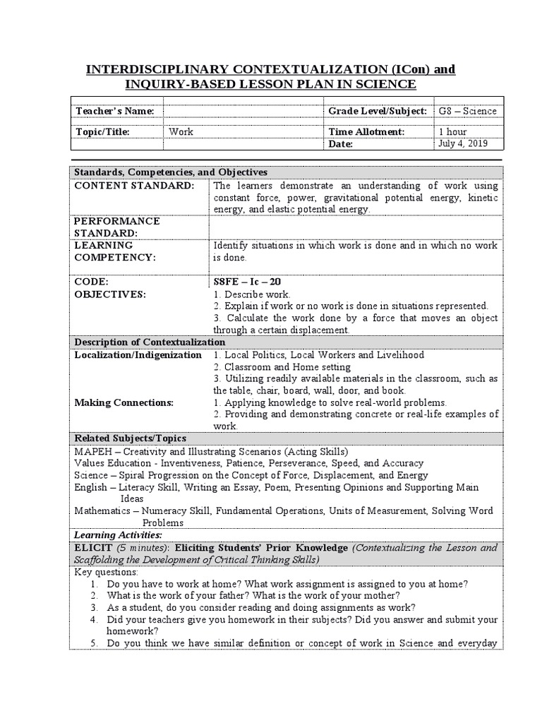 Interdisciplinary Contextualization (Icon) and Inquiry-Based Lesson Plan in Science | Download ...