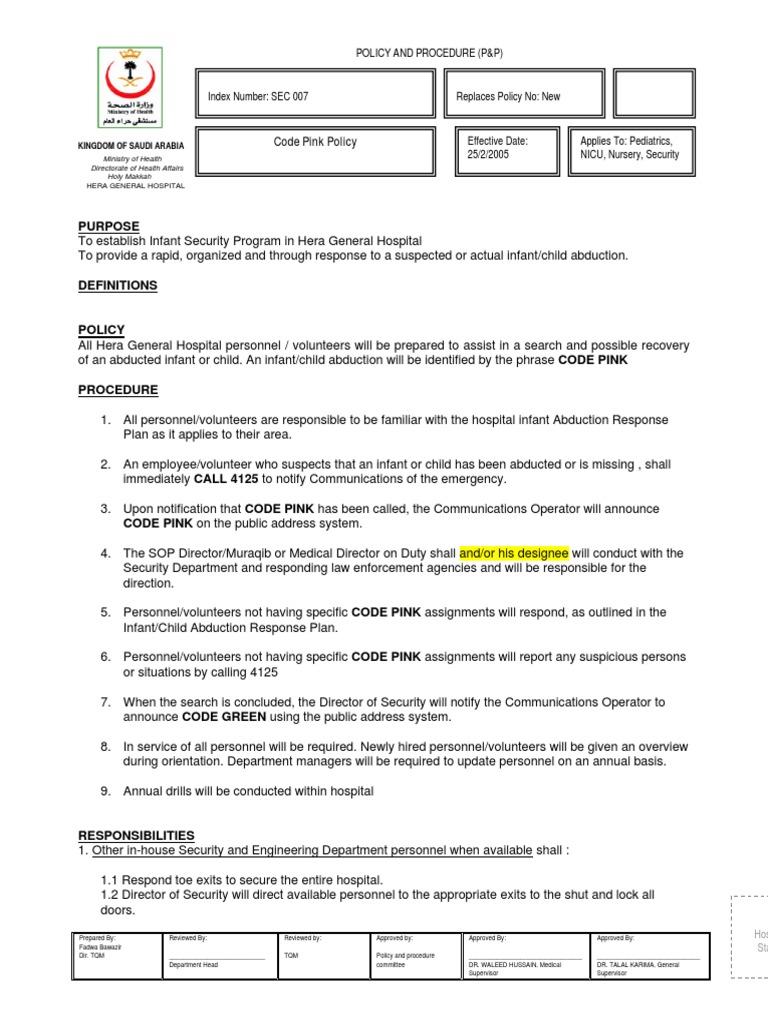 NRCode Pink Policy | PDF | Hospital | Social Institutions