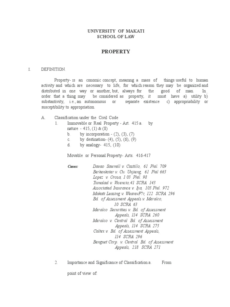 Property Course Outline - UMAK | PDF | Concurrent Estate | Possession (Law)
