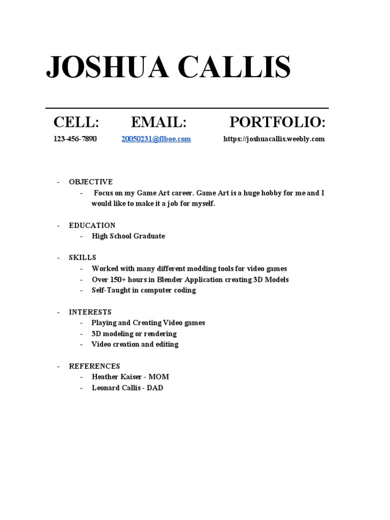 Game Art Career Resume of Joshua Callis | PDF | Career & Growth