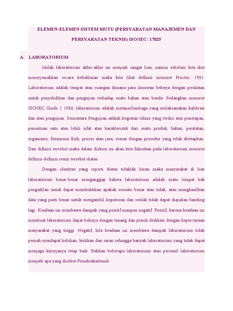 Elemen Sistem Mutu Laboratorium ISO/IEC 17025 | PDF