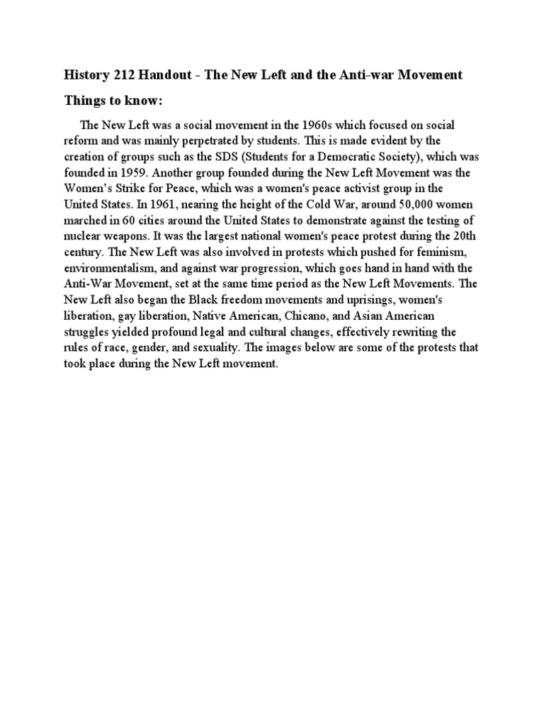 History 212 Handout - The New Left and The Anti-War Movement Things To ...
