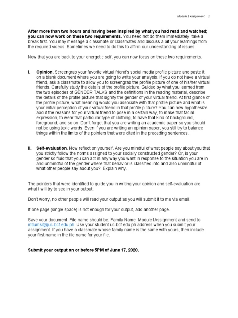 Mtlumsit@uc-Bcf - Edu.ph: Module 1 Assignment 1 | PDF | Gender | Gender Studies