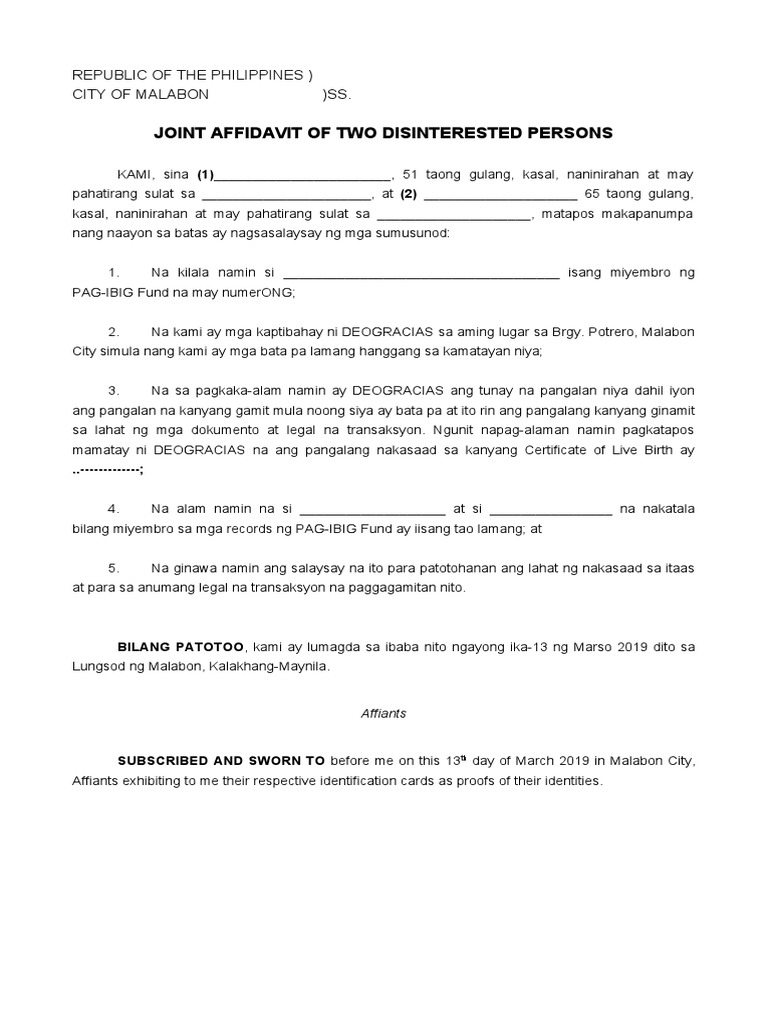 Joint Affidavit of Two Disinteresed Person (Pag-Ibig) | PDF