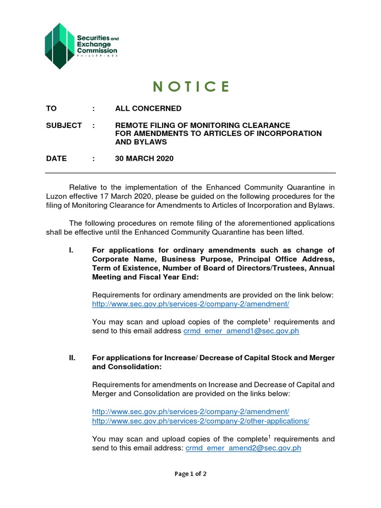 Remote SEC filing notice for amendments | PDF | By Law | Business Law