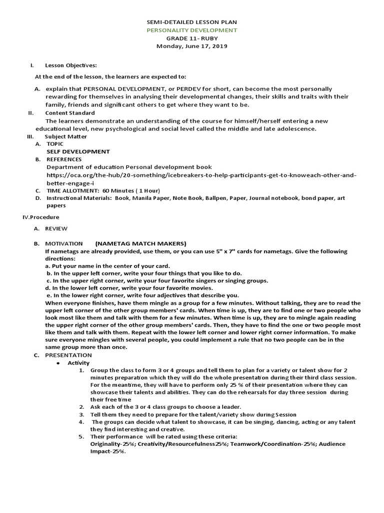Week 1: Personal Development Lesson Plan | PDF | Self | Lesson Plan