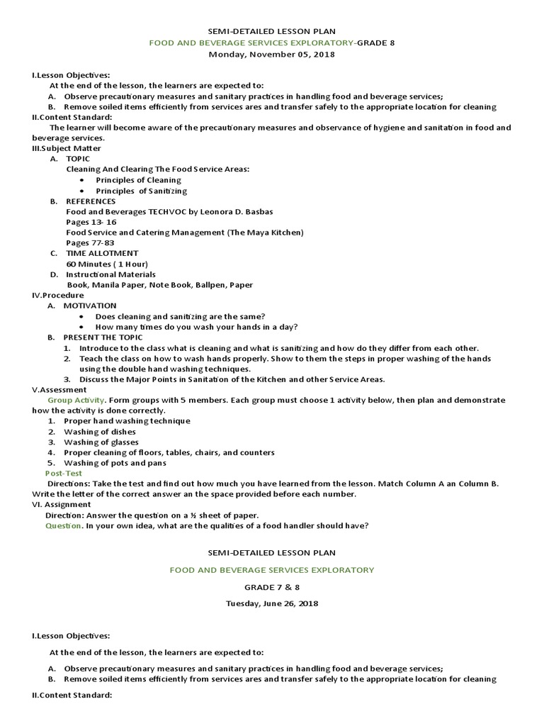 Food Service Sanitation Lesson Plan | PDF | Restaurants | Lesson Plan