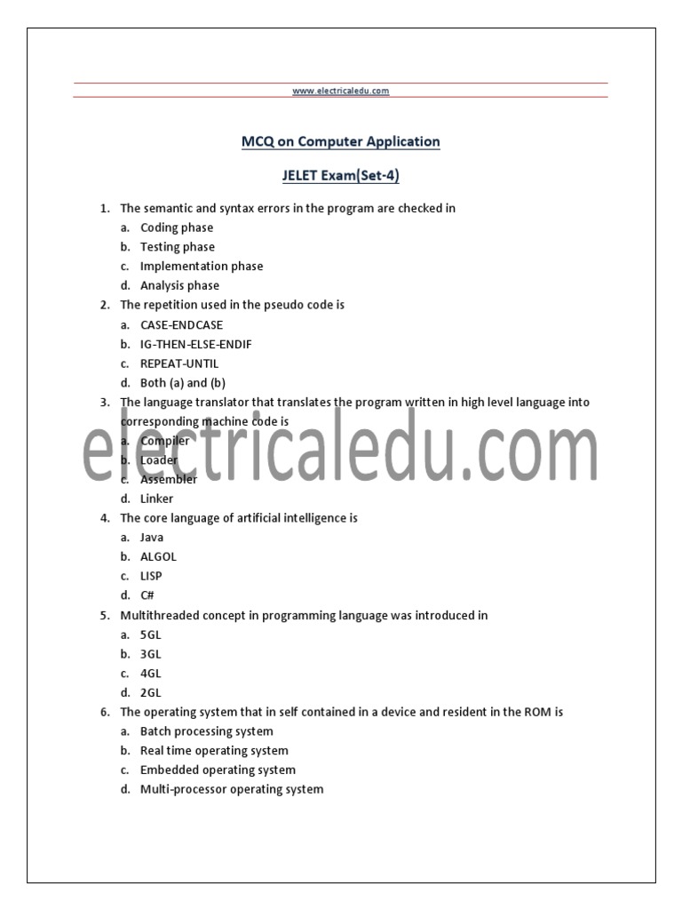 MCQ On Computer Application JELET Exam (Set-4) | PDF