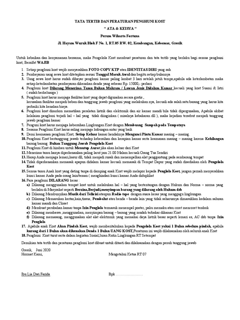 Tata Tertib Dan Peraturan Penghuni Kost | PDF