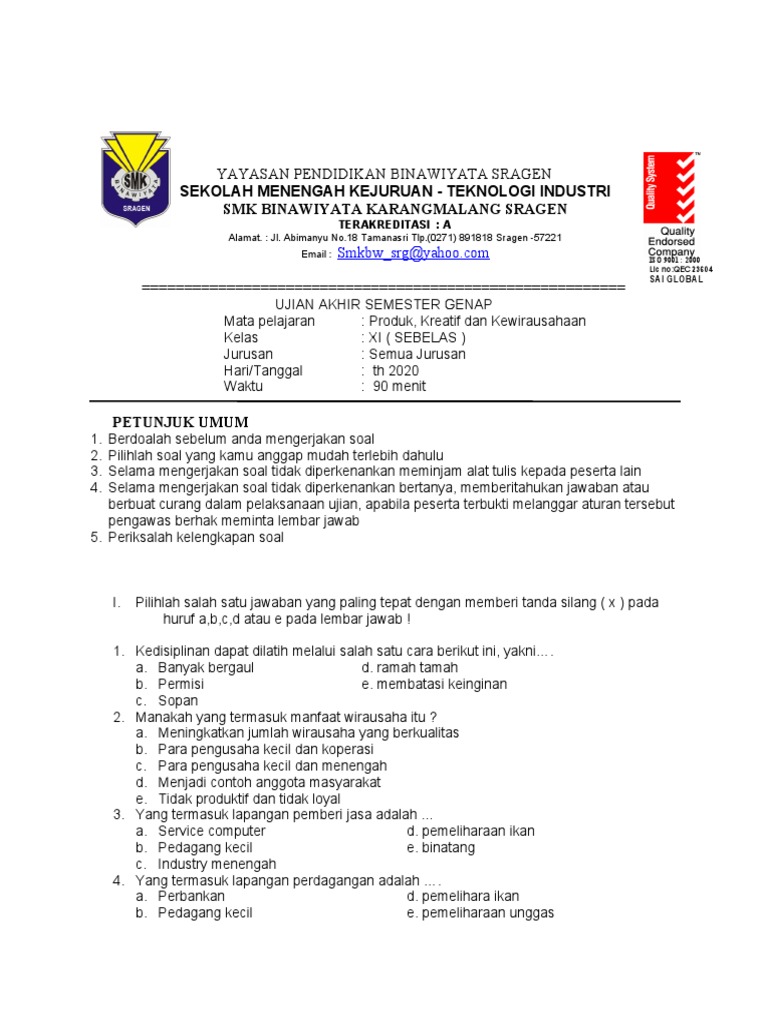 SOAl DAN JWB PKK, KLAS XI UAS Gnp20 Murti | PDF