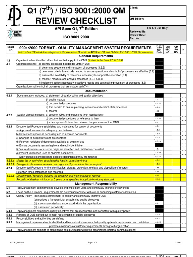 API General Checklist Q1Manual 03-18-05 | PDF | Quality Management ...