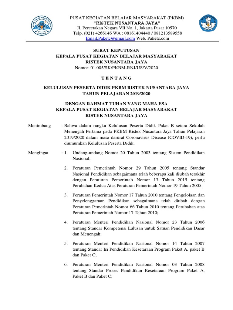 SK Kelulusan Paket B PKBM RNJ 2020 | PDF