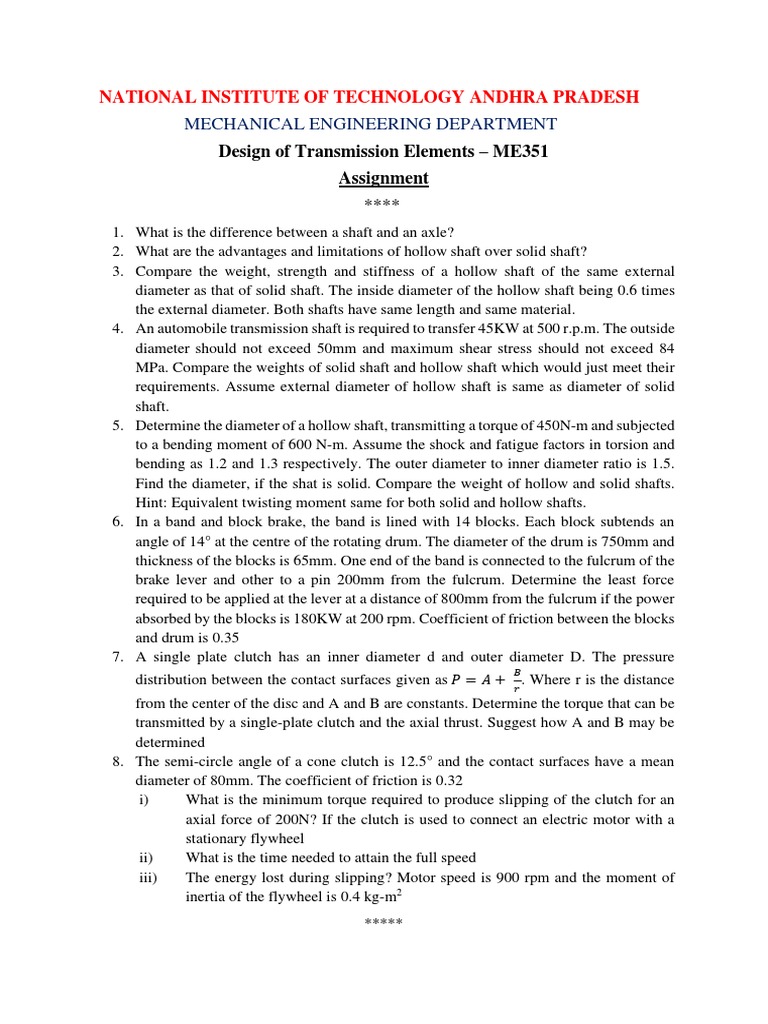 DTE Assignment To 3rd Year PDF | Download Free PDF | Clutch | Lever