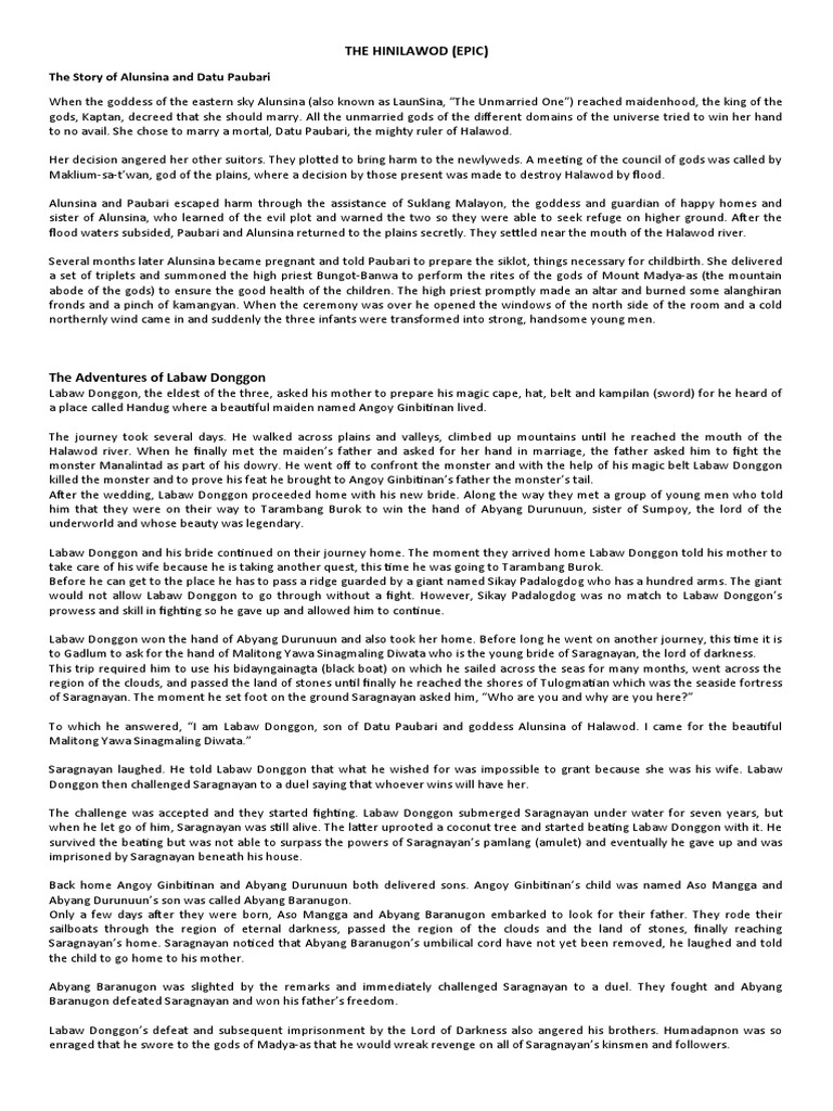 The Hinilawod (Epic) : The Story of Alunsina and Datu Paubari | PDF