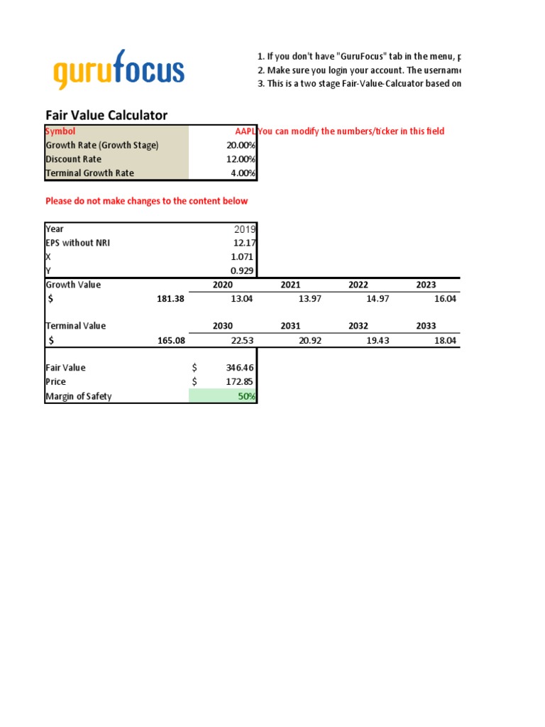 Fair Value Calculator: Symbol AAPL You Can Modify The Numbers/ticker in ...