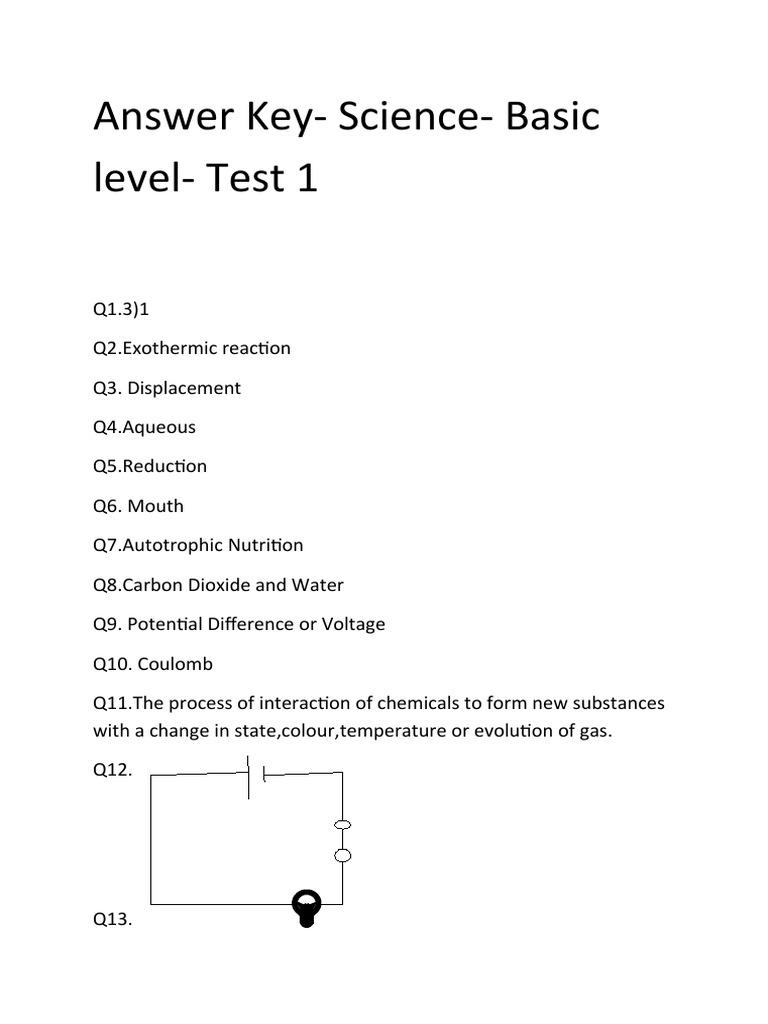 Answer Key-Science - Basic Level - Test 1 | PDF