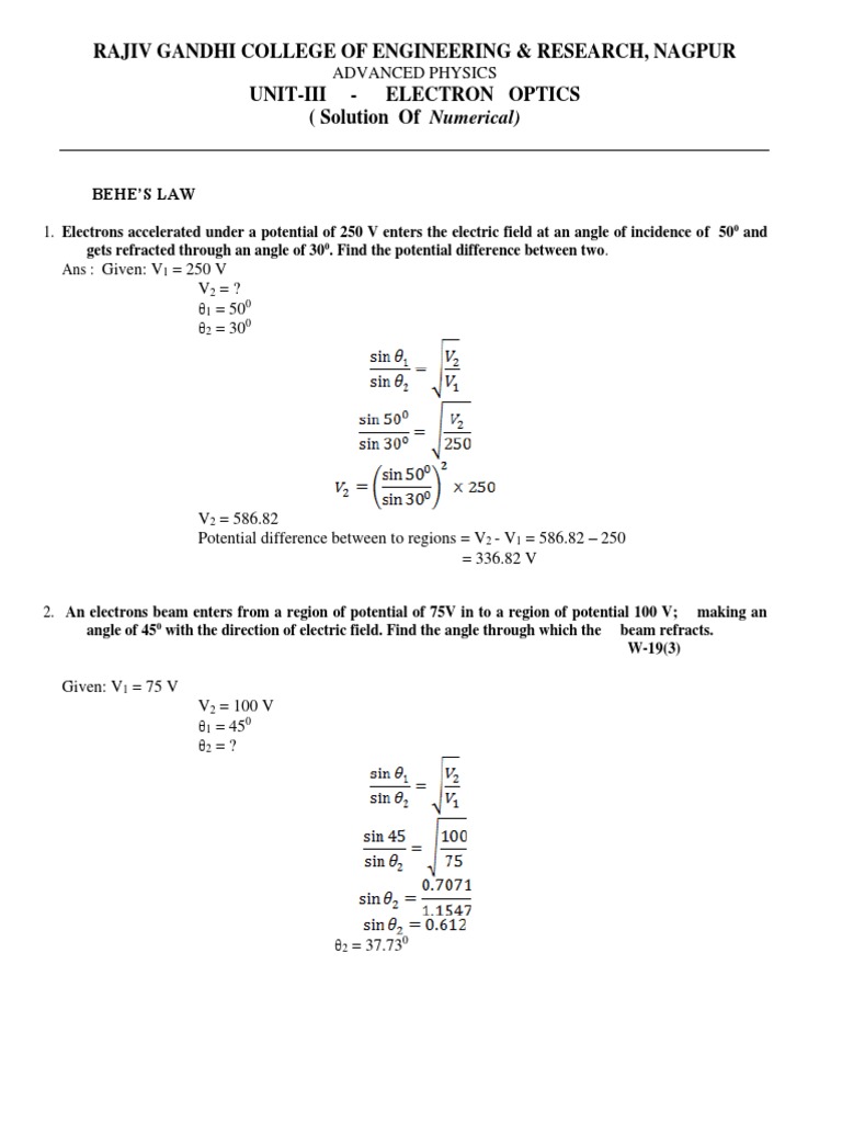 Unit-III Electron Optics Numericals | PDF | Electronvolt | Mass Spectrometry