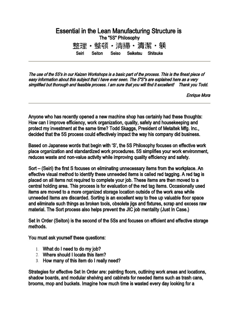 Essential in The Lean Manufacturing Structure Is 5S | PDF | Economic Sectors | Production And ...