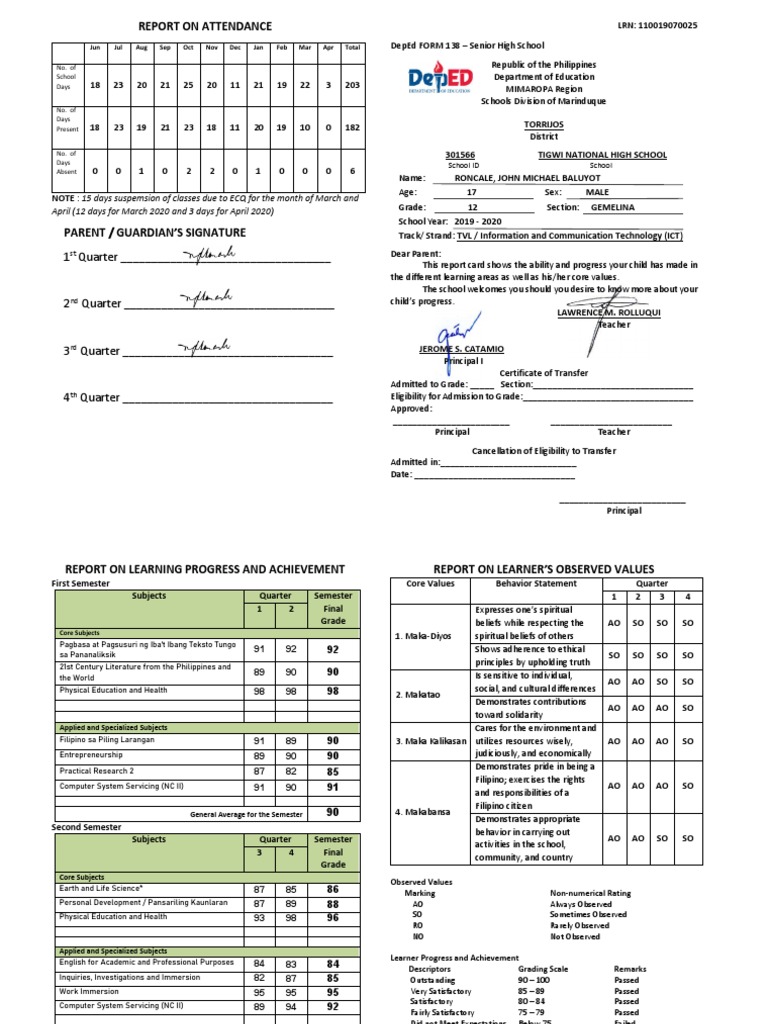 Deped Form 138 - CSS Grade12 2019-2020 Roncale John Michael B | PDF ...