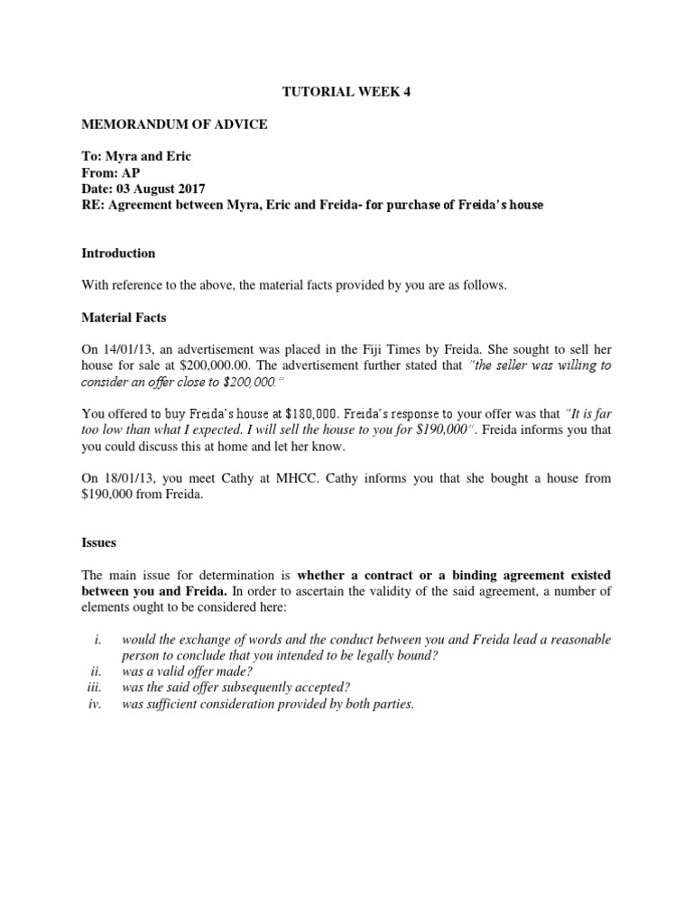 Sample Memorandum of Advice | PDF | Offer And Acceptance | Law Of ...