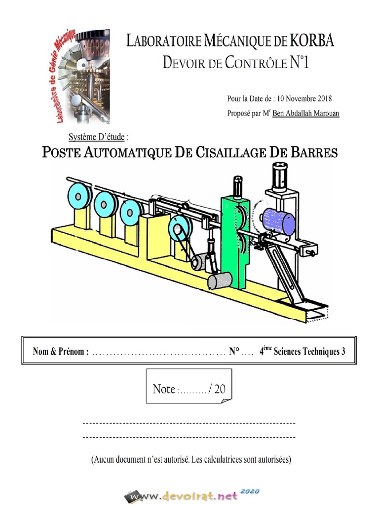 Devoir de Contrôle N°1 Avec Correction - Génie Mécanique - Poste Automatique de Cisaillage de ...