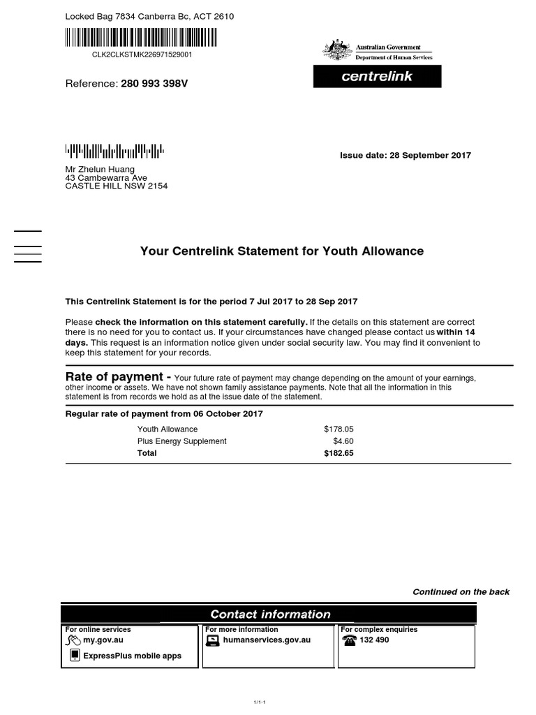Your Centrelink Statement For Youth Allowance: Reference: 280 993 398V ...