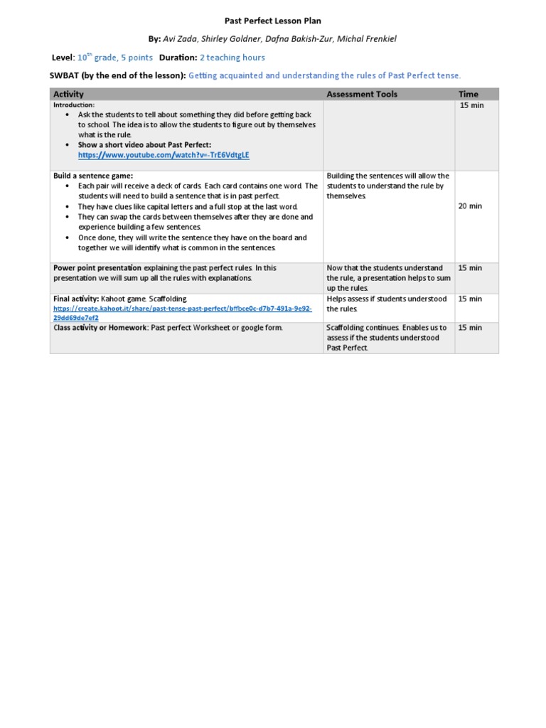 Past Perfect Lesson Plan | PDF | Teaching | Learning