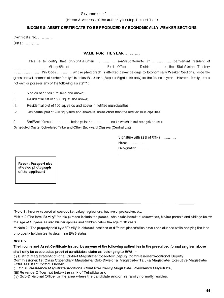 Income & Asset Certificate To Be Produced by Economically Weaker ...