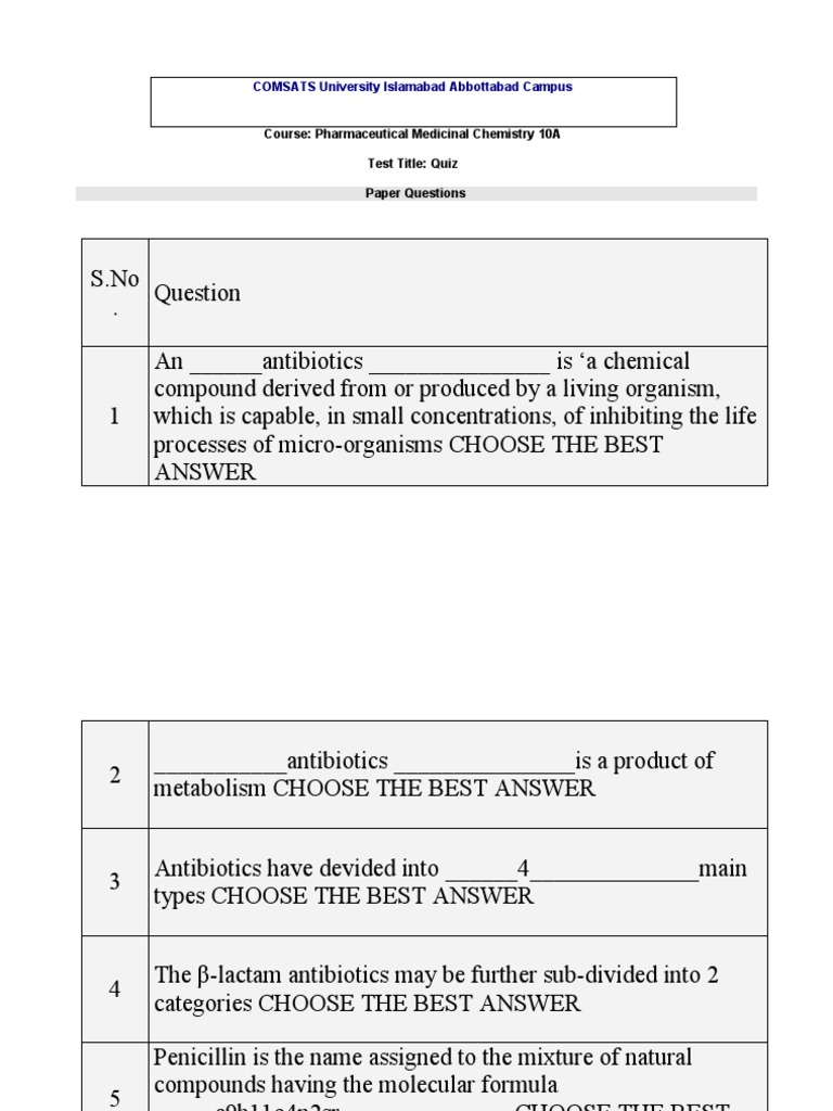 Multiple Choice Questions on Antibiotics and Penicillins from a ...