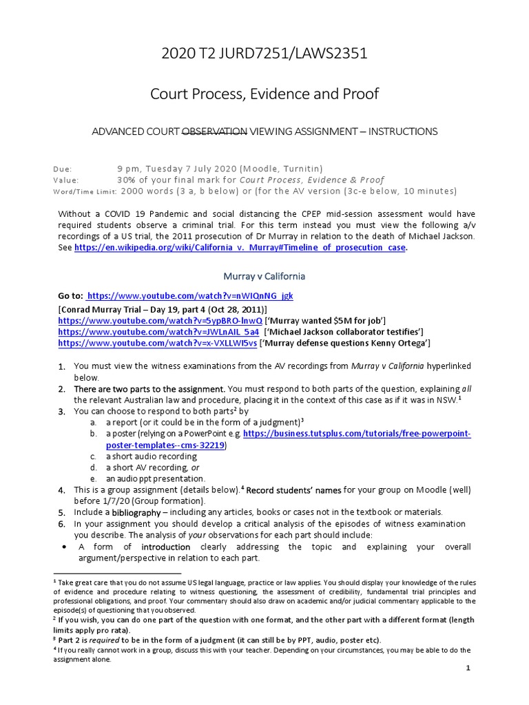 2020 T2 JURD7251/LAWS2351 Court Process, Evidence and Proof: Advanced ...