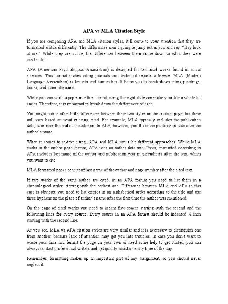 APA Vs MLA Citation Style | PDF | Apa Style | Note (Typography)