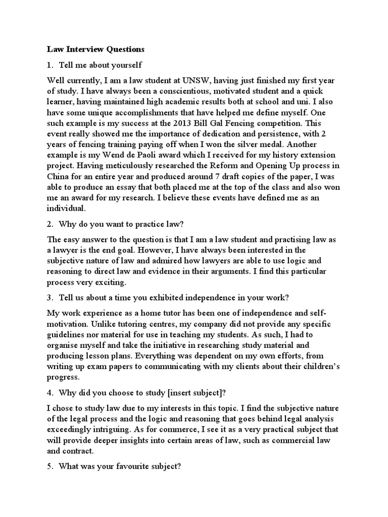 Law Interview Questions | PDF | Reason | Tutor