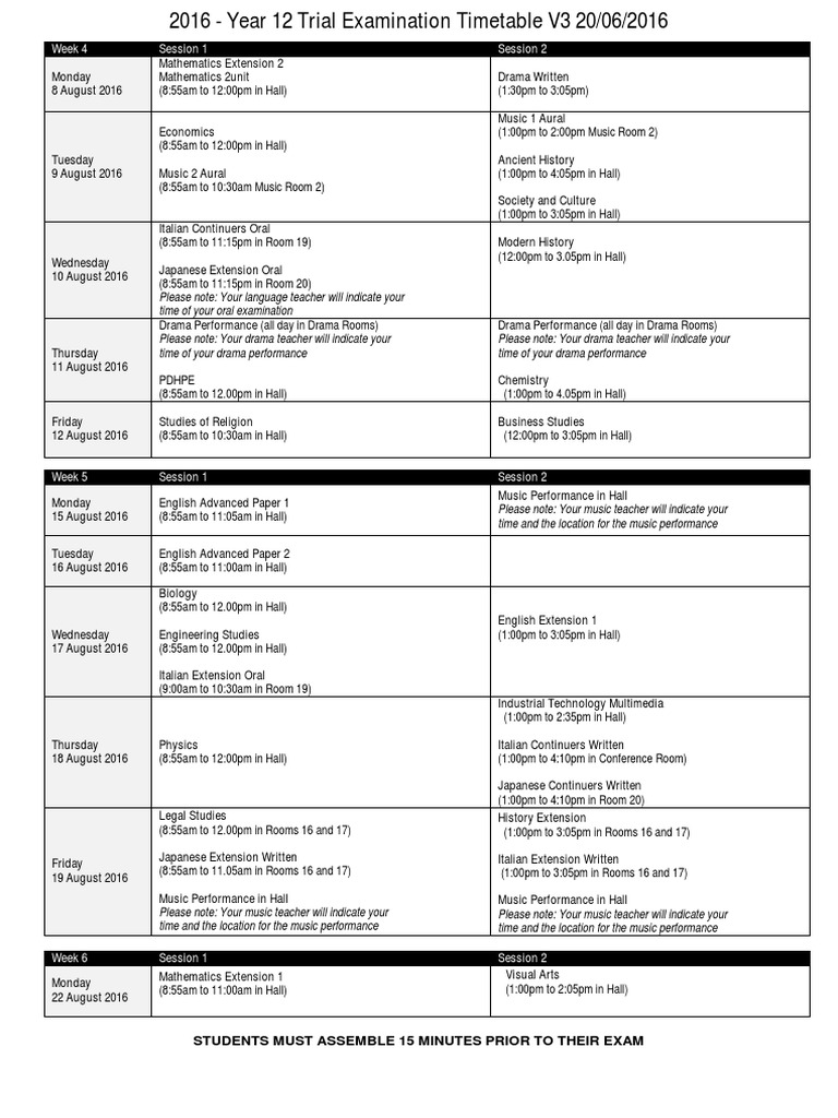 2016 Year 12 Trial Examination Timetable V3 | PDF | Test (Assessment ...