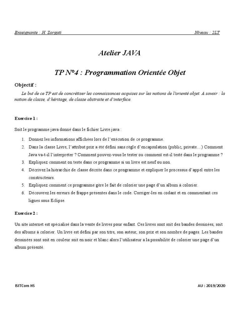 TP JAVA : Programmation Orientée Objet | PDF | Classe (informatique) | Java (Langage de ...