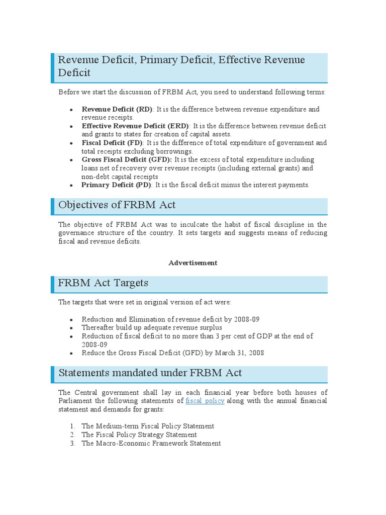 Revenue Deficit, Primary Deficit, Effective Revenue Deficit: Fiscal ...