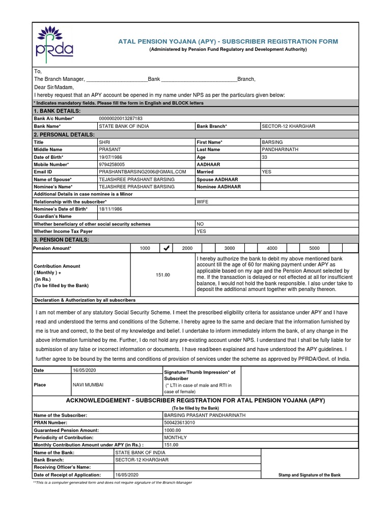 Atal Pension Yojana (Apy) - Subscriber Registration Form: 1. Bank ...