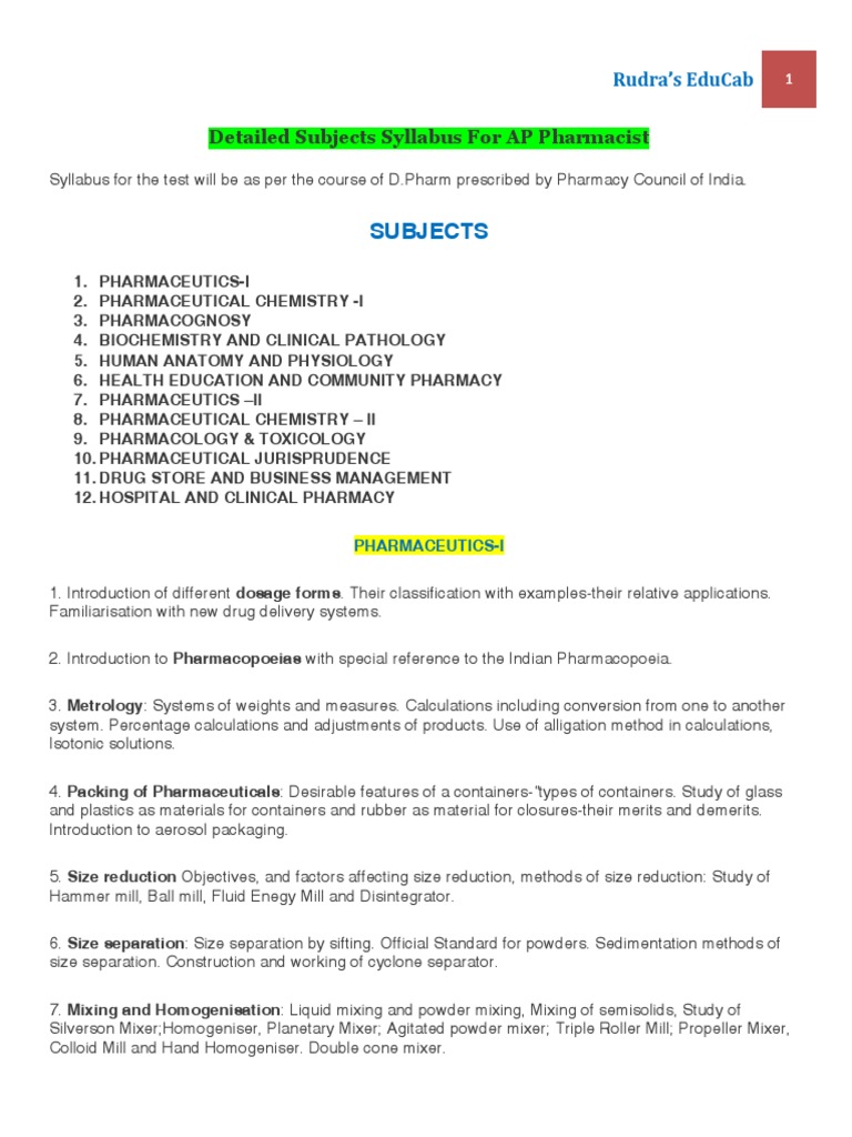 Pharmacist Syllabus Detailed | PDF | Tablet (Pharmacy) | Pharmacy