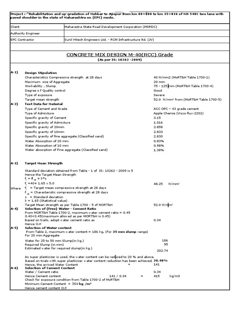 Concrete Mix Design M-40 (RCC) Grade | PDF | Construction Aggregate ...