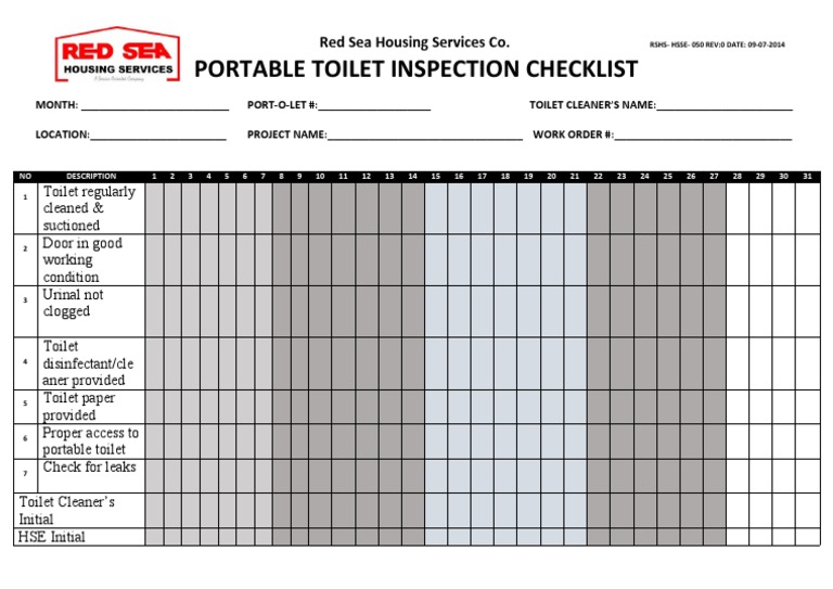 Portable Toilet Inspection Checklist: Red Sea Housing Services Co | PDF