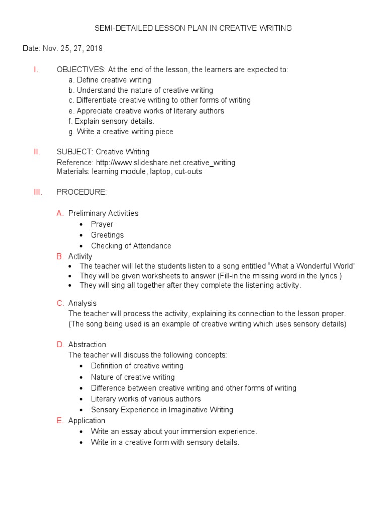 Lesson Plan Creative Writing | PDF