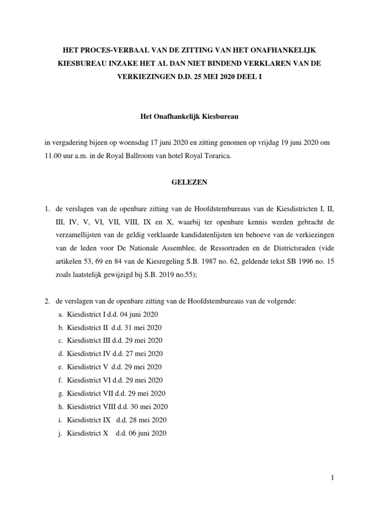 Proces-Verbaal Onafhankelijk Kiesbureau Suriname Juni 2020 | PDF