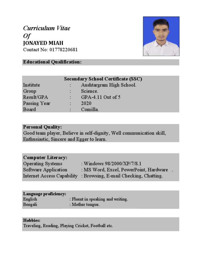 Curriculum Vitae Of: Jonayed Miah | PDF
